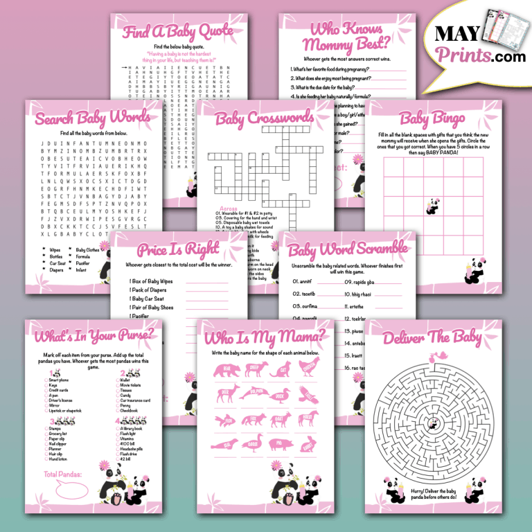 Panda Baby Shower Games Printable Set For Baby Girls - May Prints