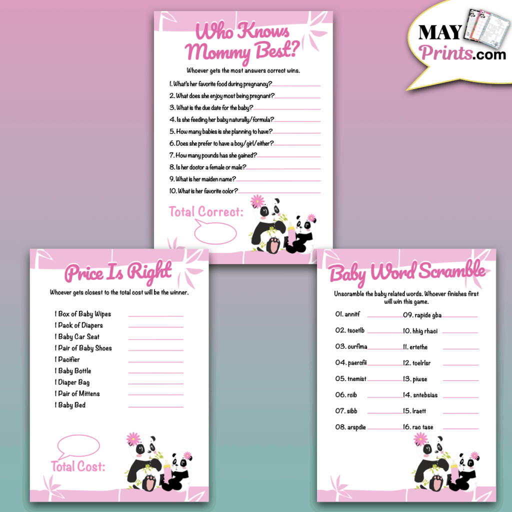Panda Baby Shower Games Printable Set For Baby Girls - May Prints