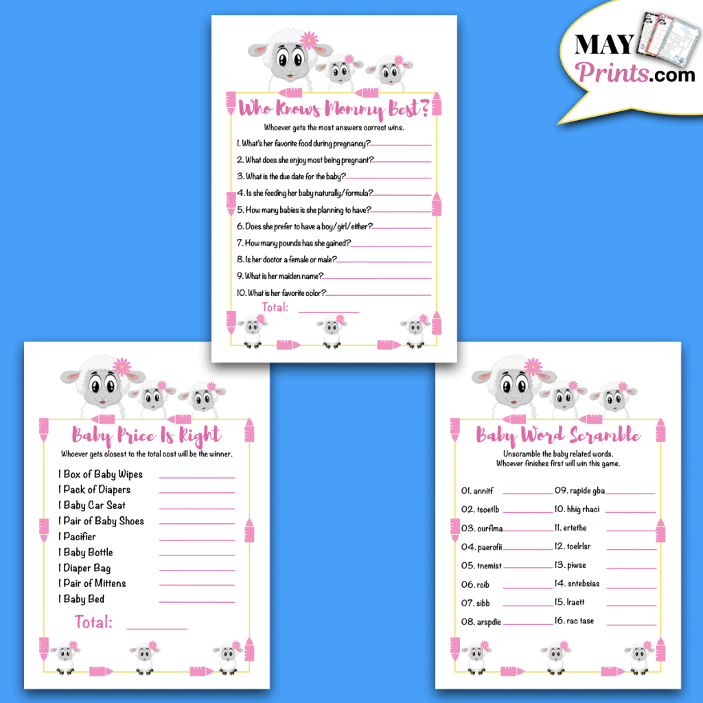 Little Lamb Baby Shower Games Package in 10 For Baby Girls
