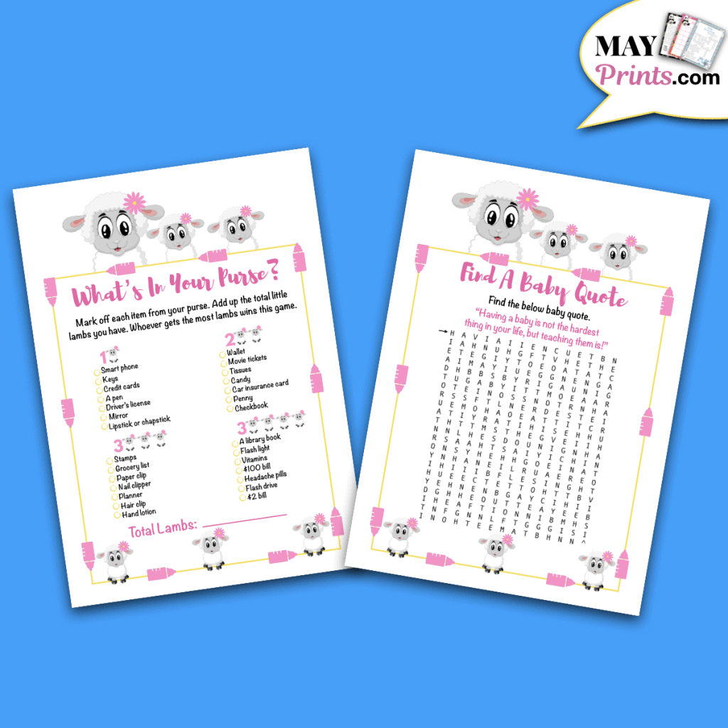 Little Lamb Baby Shower Games Package in 10 For Baby Girls
