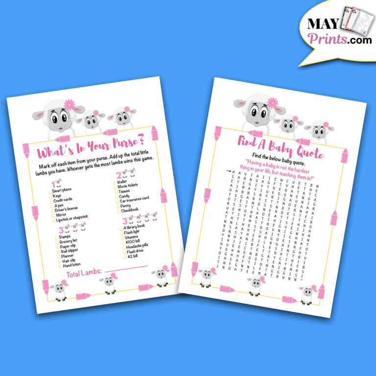 Little Lamb Baby Shower Games Package in 10 For Baby Girls
