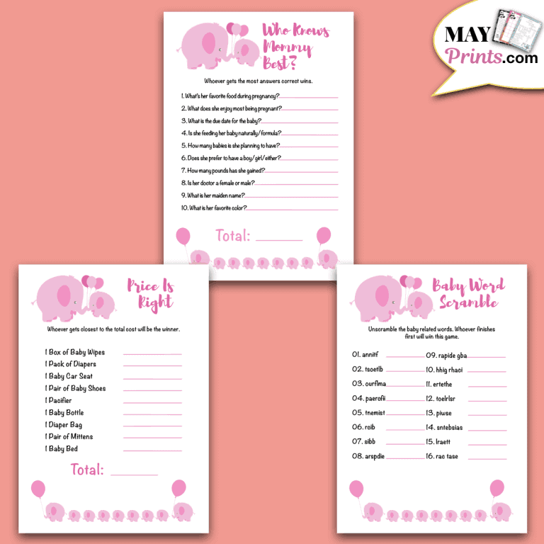 Pink Elephant Baby Shower Games - 10 Printable Games In A5, A4 & US