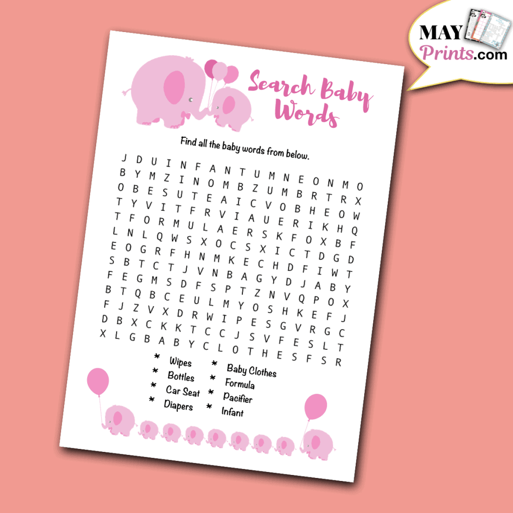 Pink Elephant Baby Shower Games - 10 Printable Games In A5, A4 & US