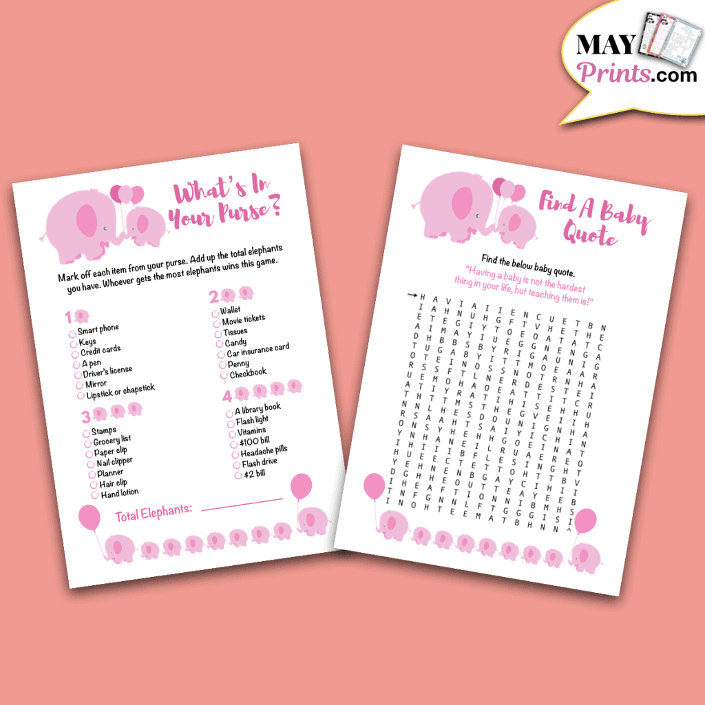 Pink Elephant Baby Shower Games - 10 Printable Games In A5, A4 & US