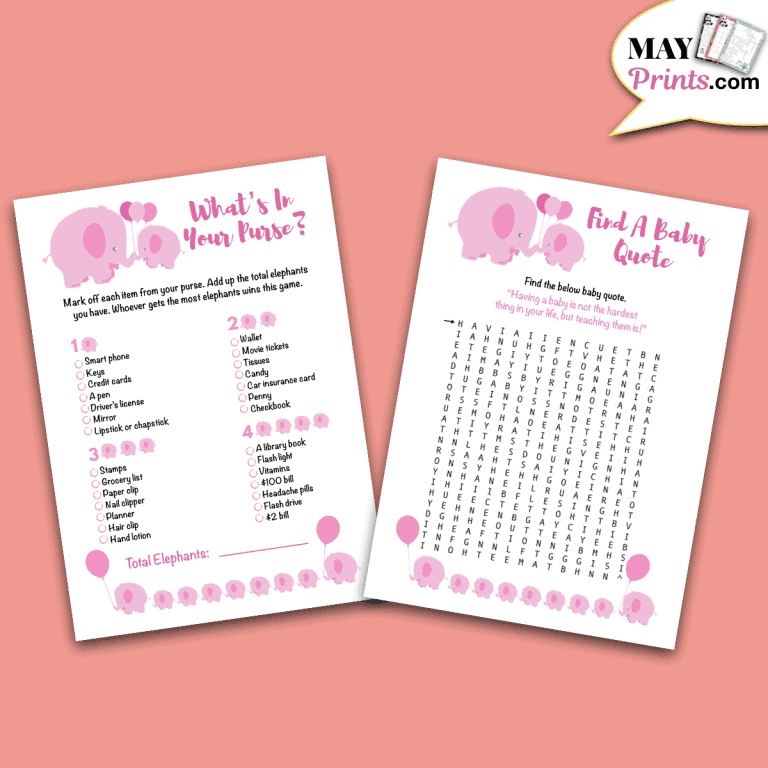 Pink Elephant Baby Shower Games - 10 Printable Games In A5, A4 & US