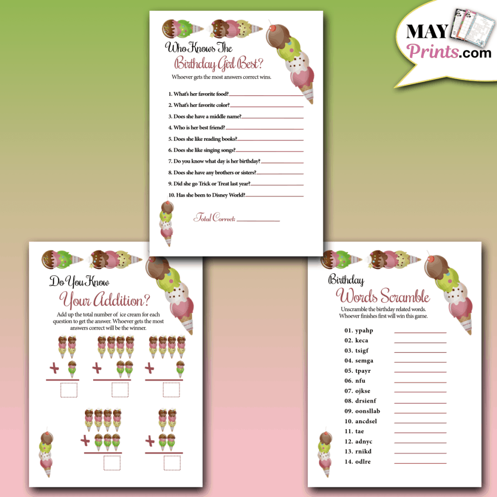 Ice Cream Birthday Party Games For Little Girls - 10 Printable Games